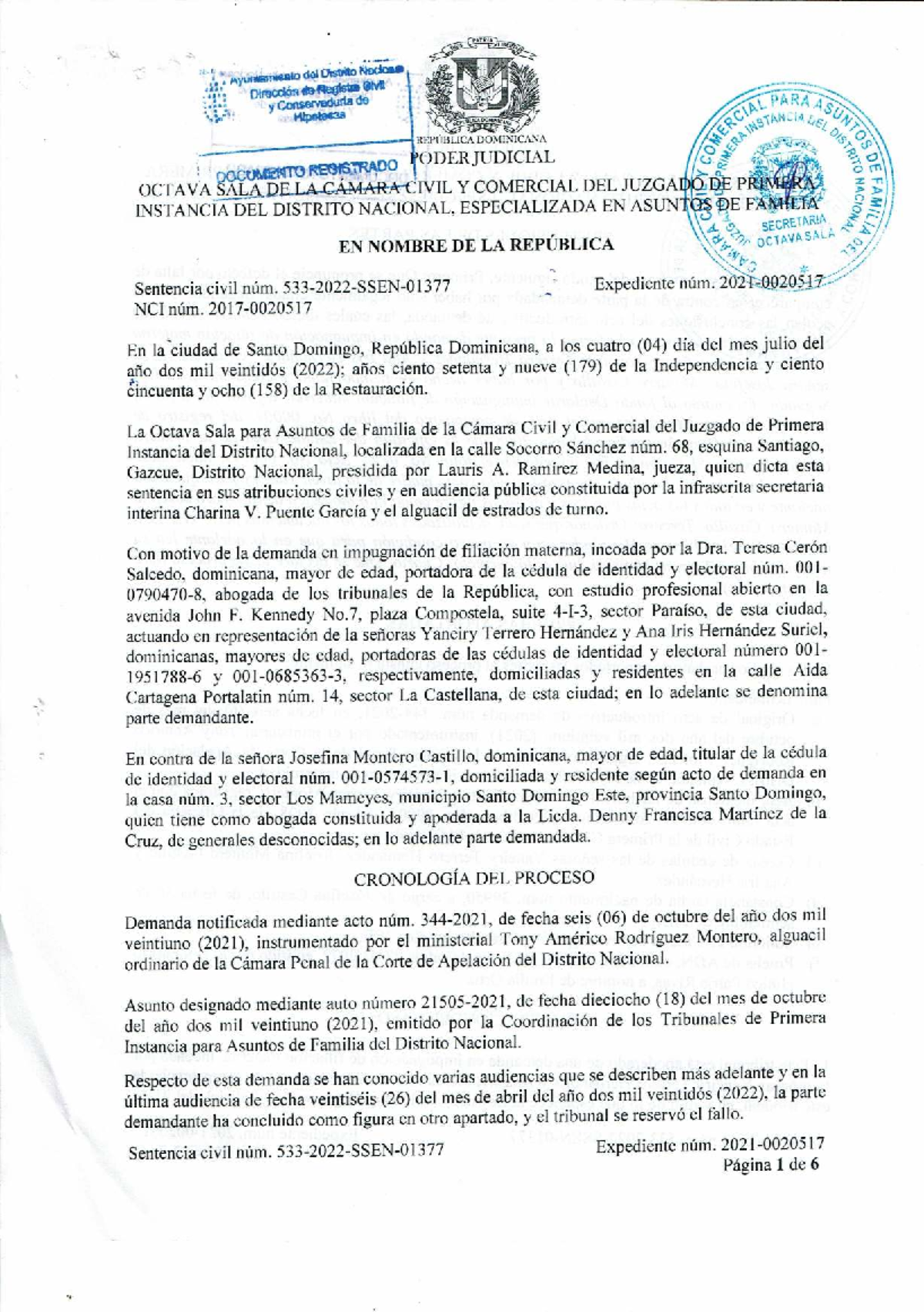 Sentencia Civil 533-2022-SSEN-01377: Impugnación de Filiación Materna ...