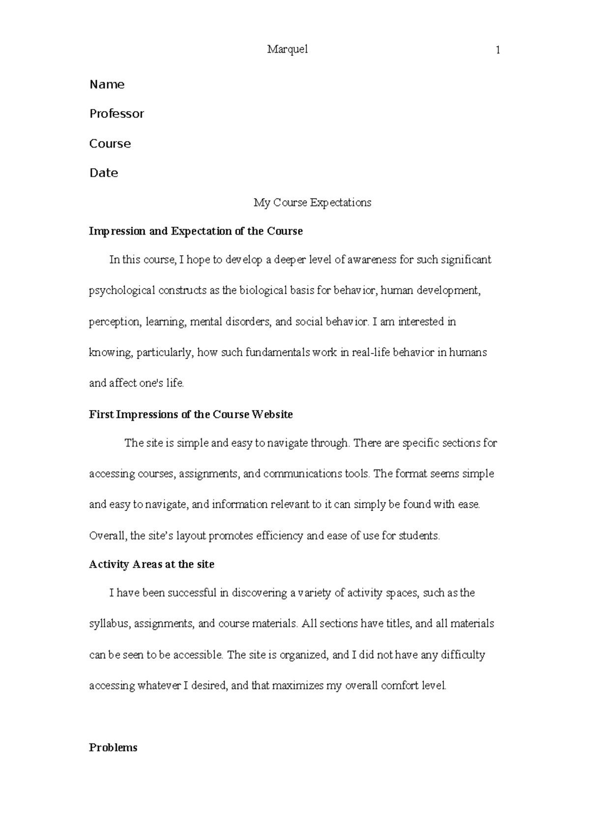 Course Expectations and Impressions for PSY 101: Theory and Historical ...