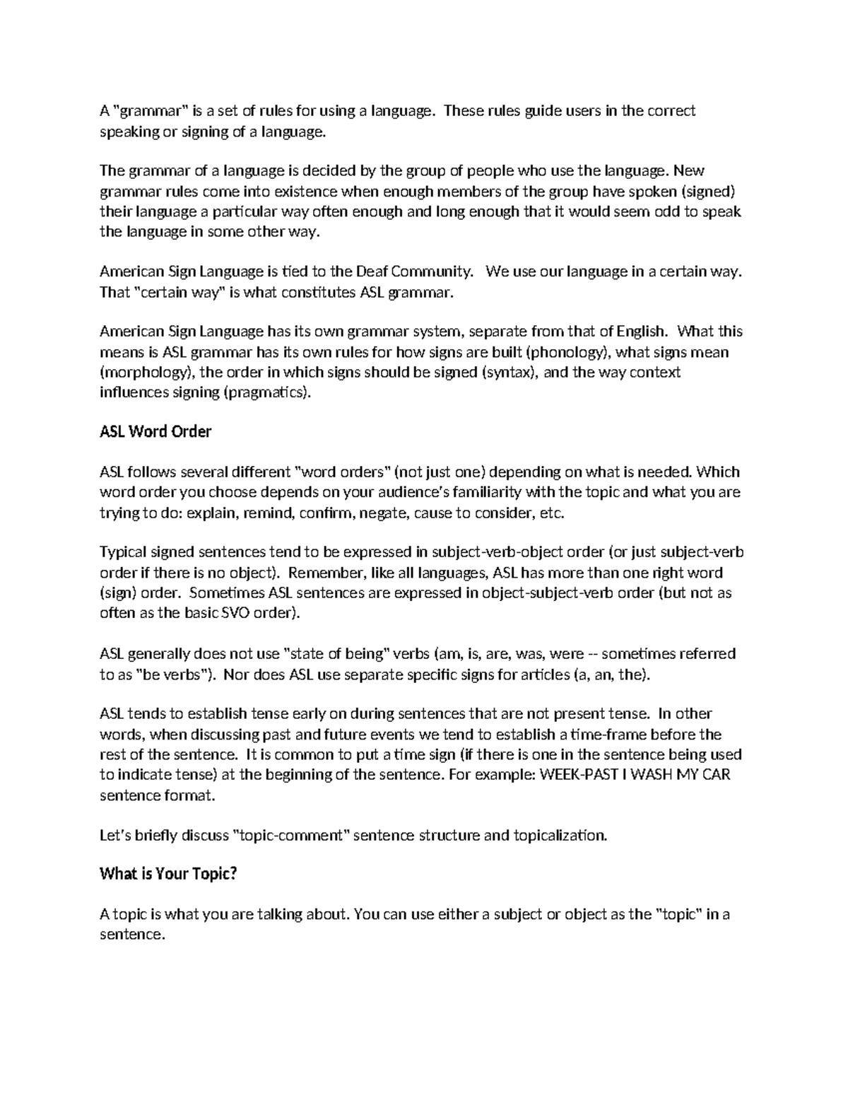 ASL Grammar: Understanding Sentence Structure and Topicalization - Studocu