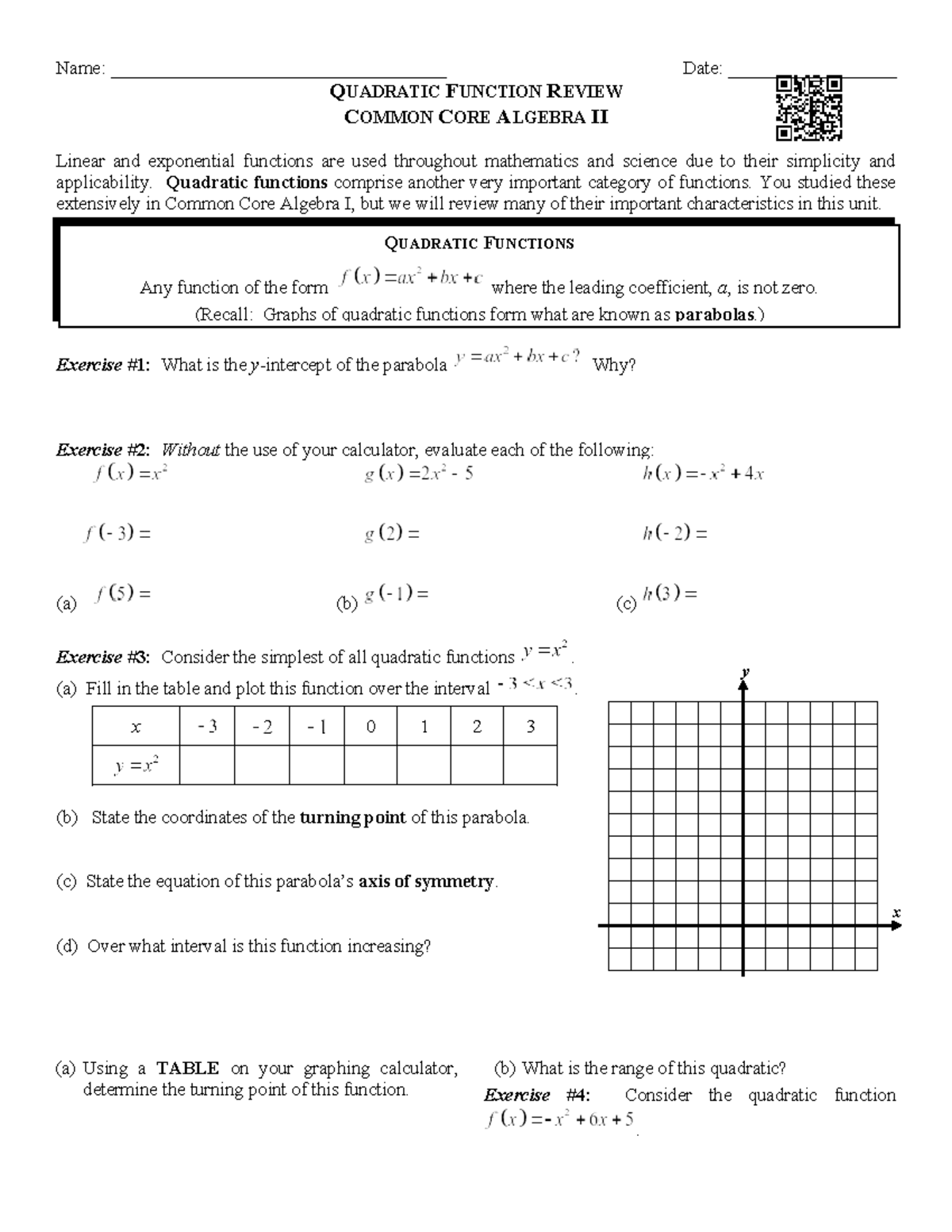 Quadratic Function Review: Common Core Algebra II Skills Practice - Studocu