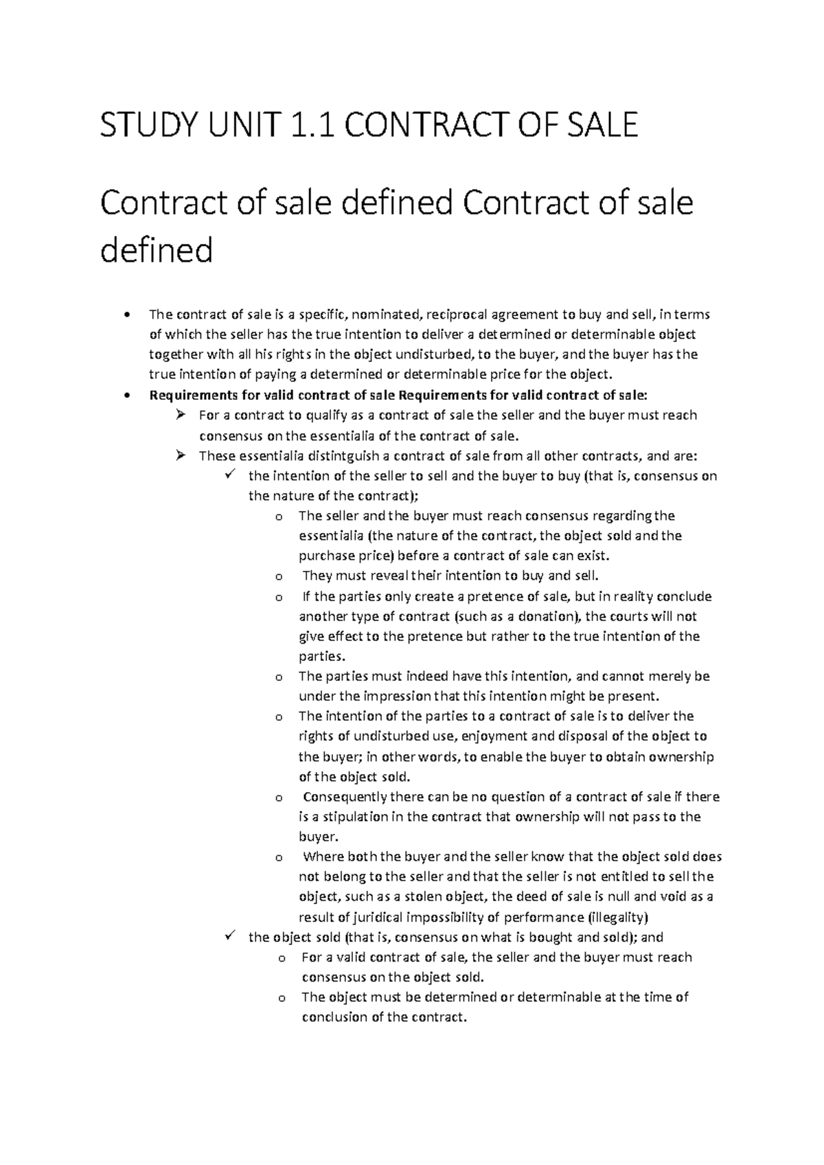STUDY UNIT 1.1: CONTRACT OF SALE - Key Concepts and Requirements - Studocu