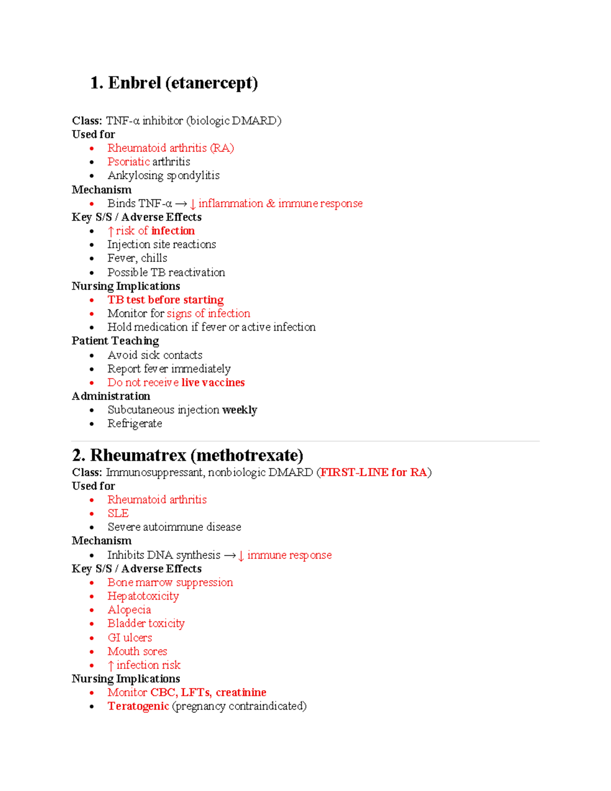 Final Exam Med List: Key Drugs & Nursing Implications for RA & More ...
