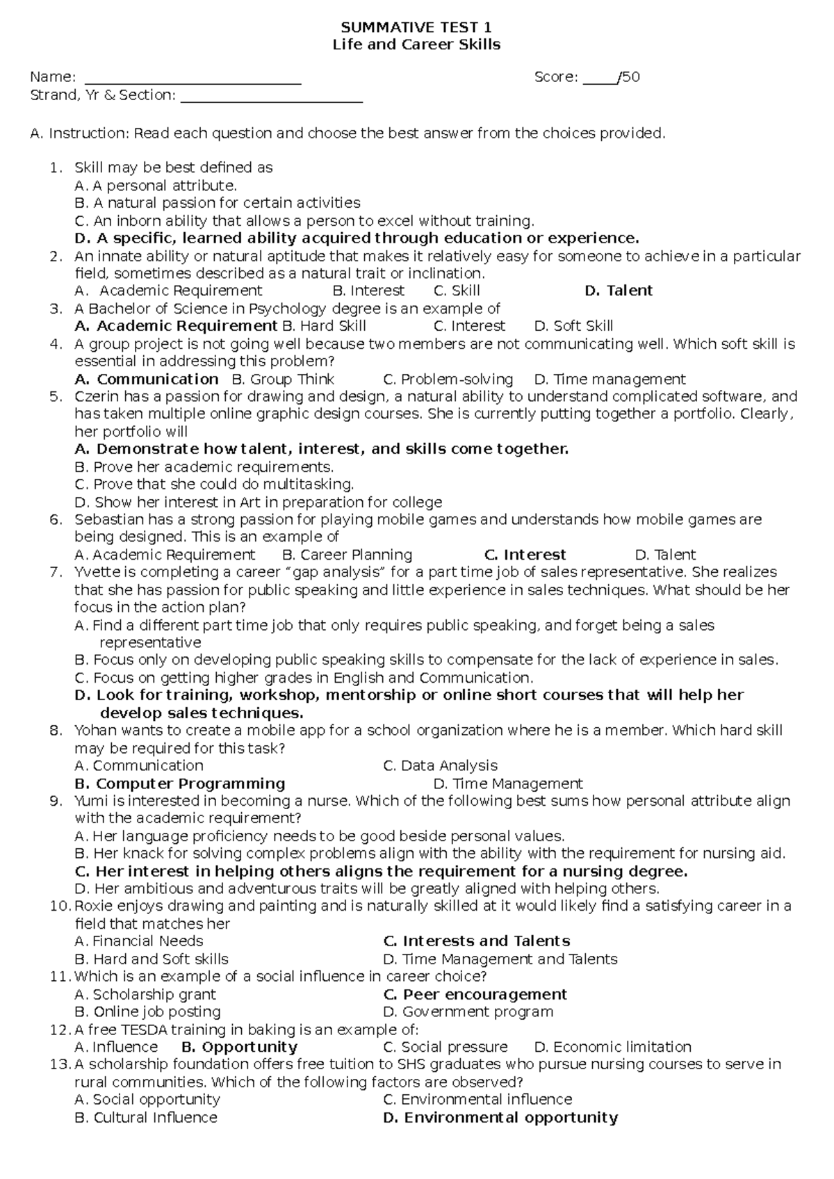 1st Summative Test - Life and Career Skills (Strand, Yr Section) - Studocu