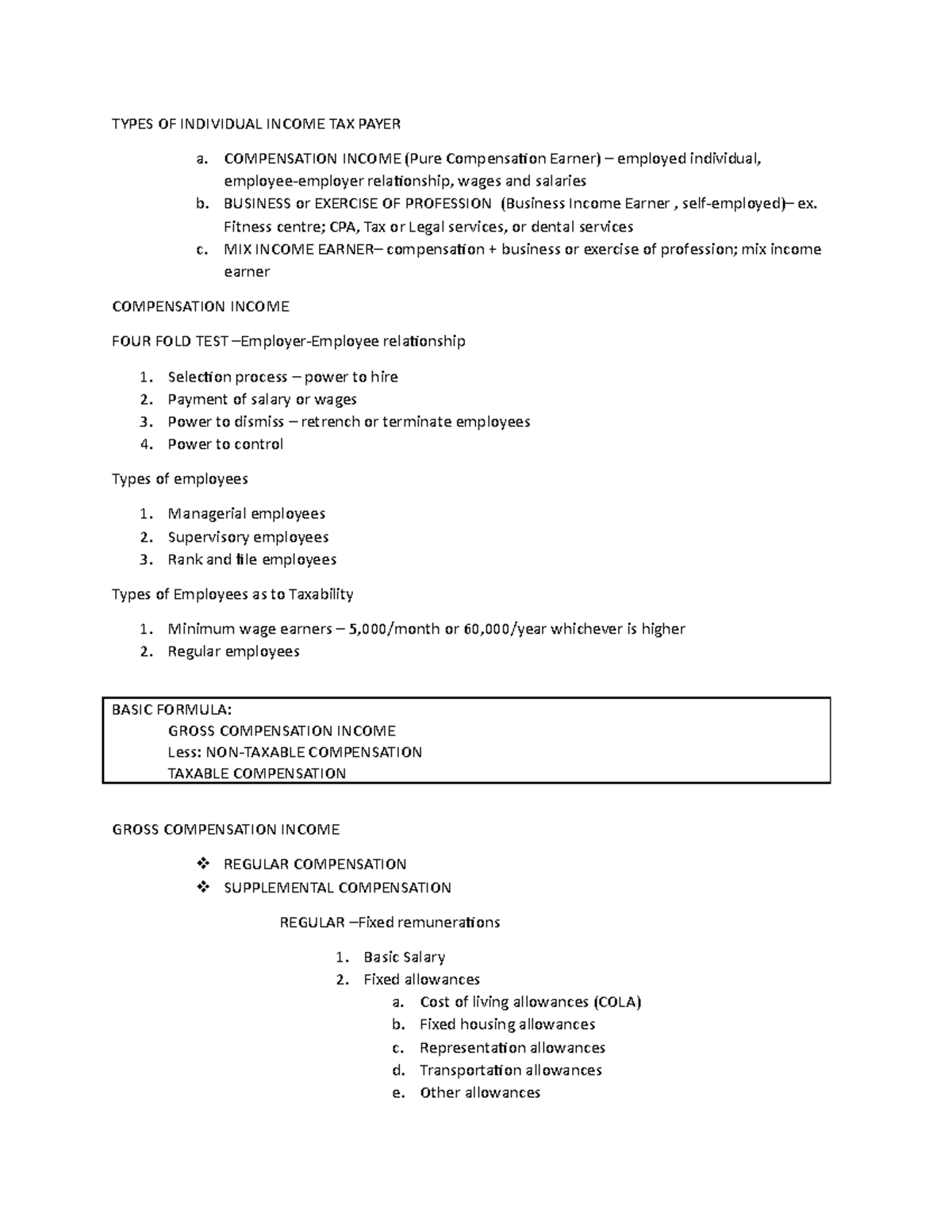 Compensation Income -TAXATION - TYPES OF INDIVIDUAL INCOME TAX PAYER a ...