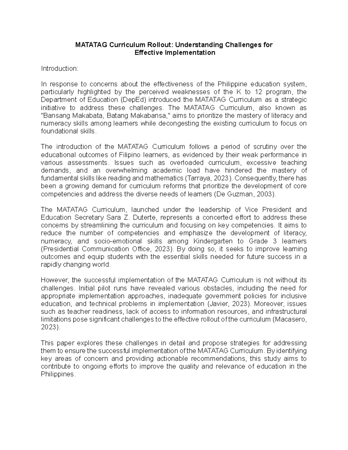 MATATAG Curriculum Implementation: Challenges and Recommendations - Studocu