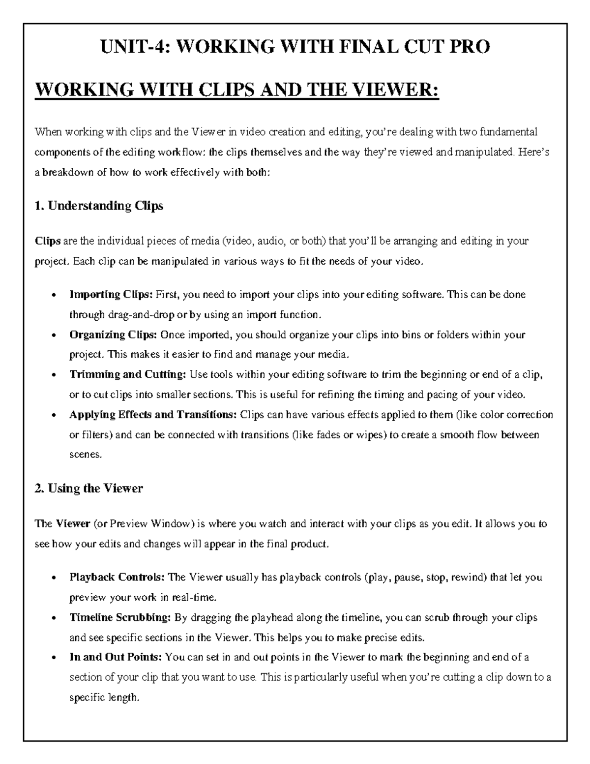 Final Cut Pro: Unit 4 - Working with Clips, Viewer, and Timeline ...