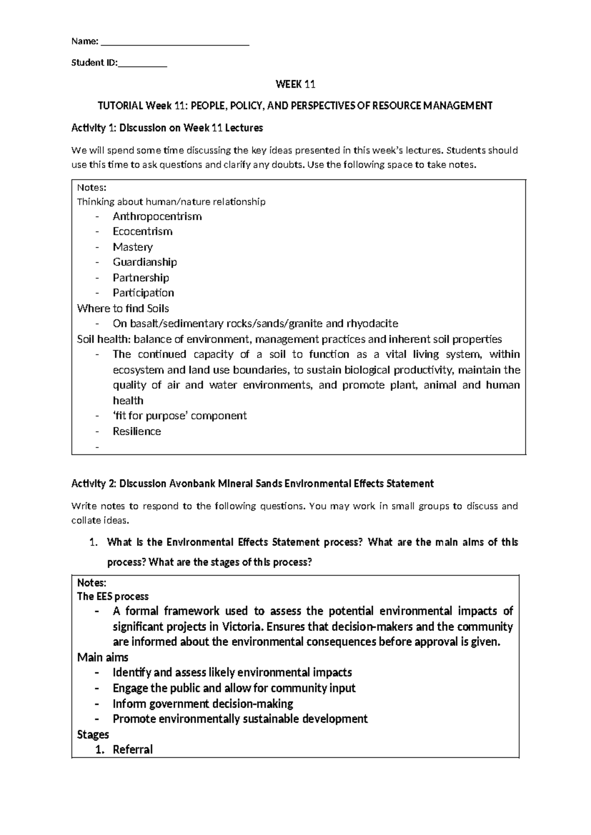 ENVS10001 Week 11 Tutorial: Resource Management Perspectives & EES ...