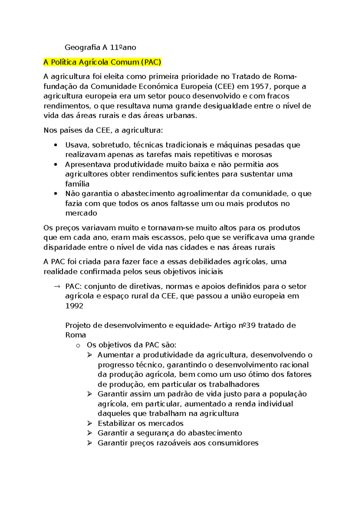 Resumo da PAC na Geografia A 11º Ano - Studocu