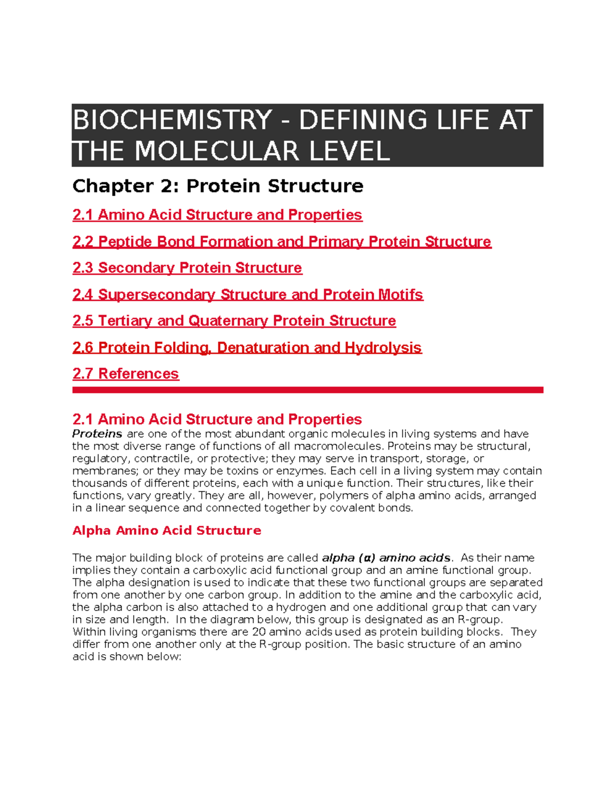 BIOCHEMISTRY 101: Chapter 2 - Protein Structure and Amino Acids - Studocu