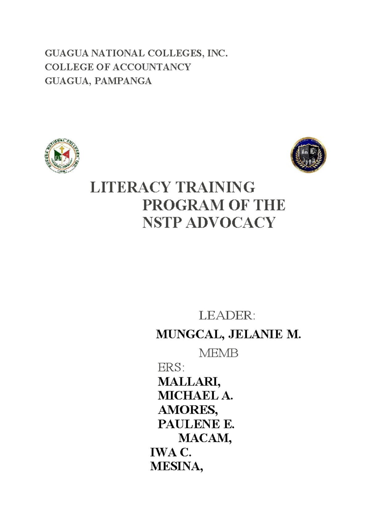 Literacy Training Program of the NSTP Advocacy - GUAGUA NATIONAL ...