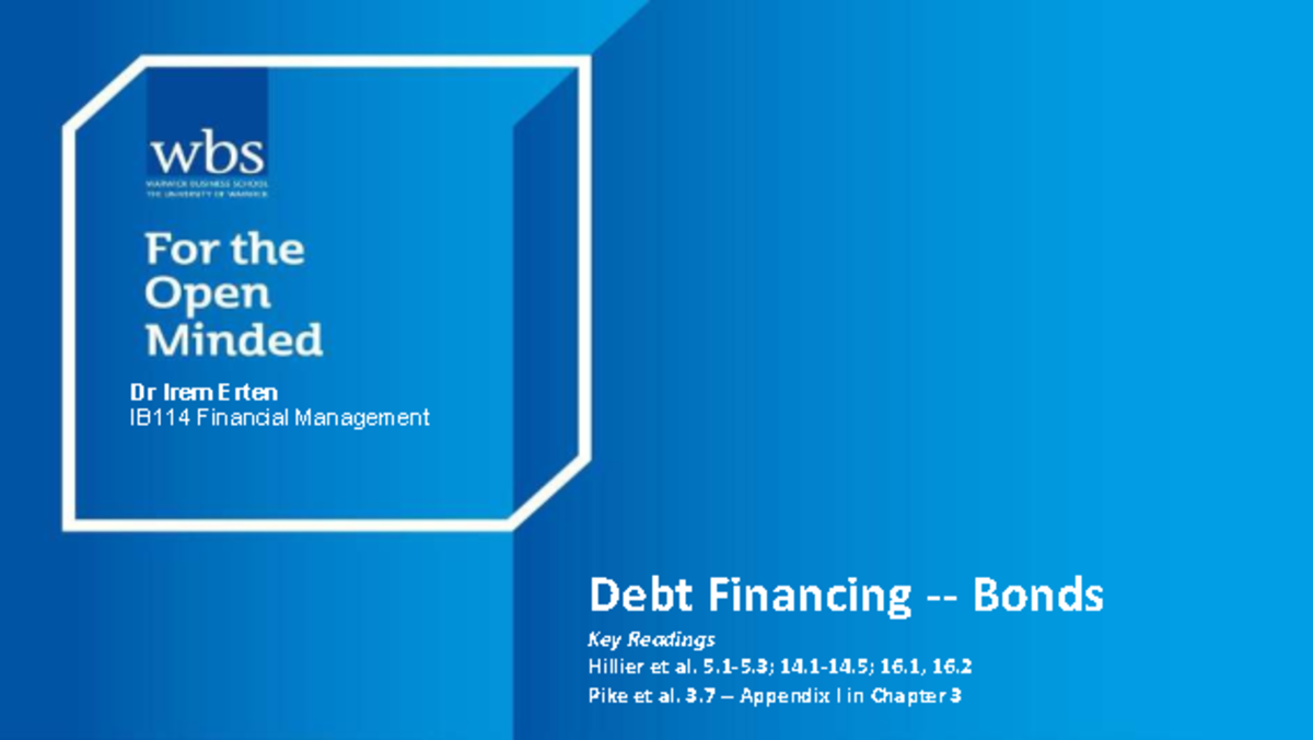 IB114 Financial Management: Debt Financing & Bonds Lecture Notes - Studocu