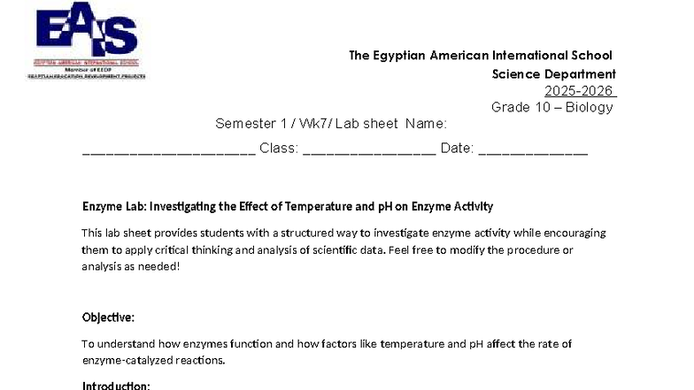 Enzyme Lab: Investigating Temperature & pH Effects on Activity (Bio 10 ...