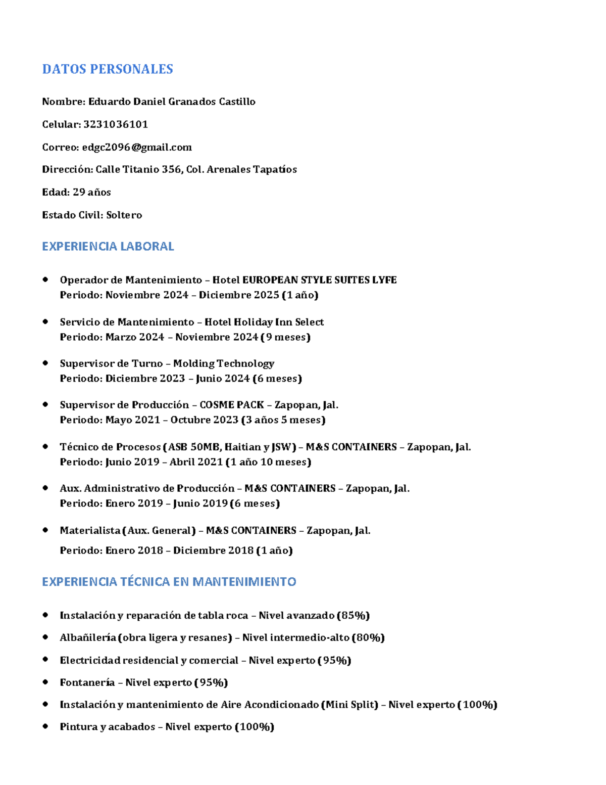 CV de Eduardo Daniel Granados Castillo - DATOS PERSONALES y EXPERIENCIA ...