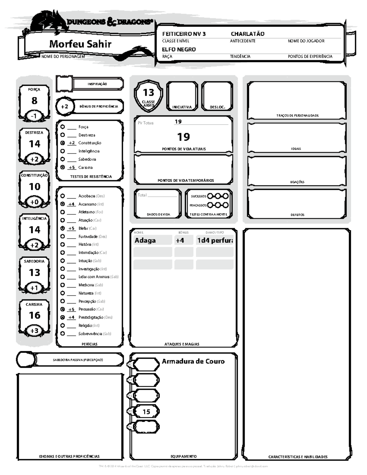 Ficha de Personagem: Morfeu Sahir - D&D 5E - Studocu