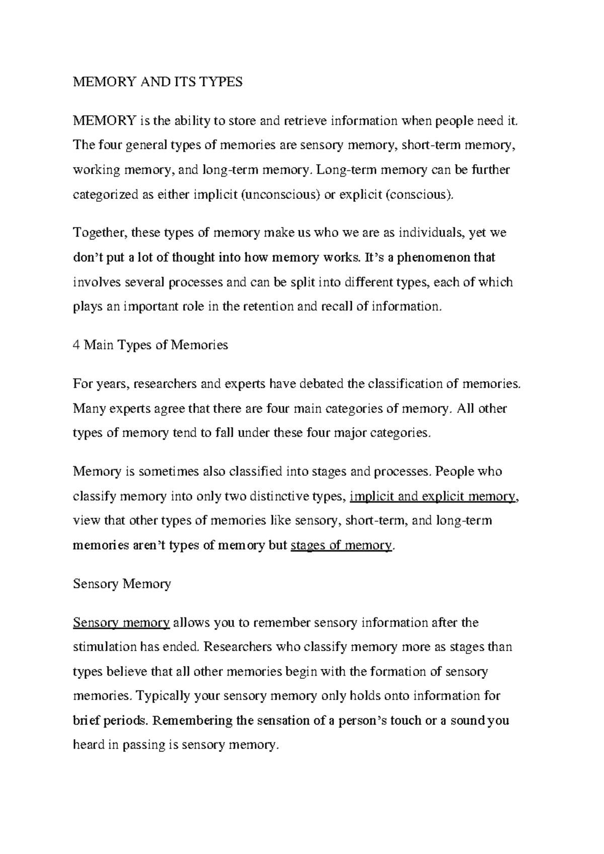 Module 4 Memory AND ITS Types - cognitive psychology - MEMORY AND ITS ...
