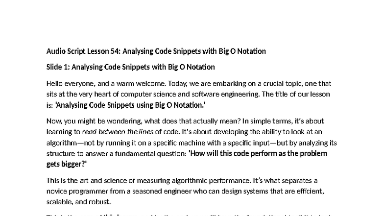 Audio Script Lesson 54: Analyzing Code Snippets with Big O Notation - Studocu