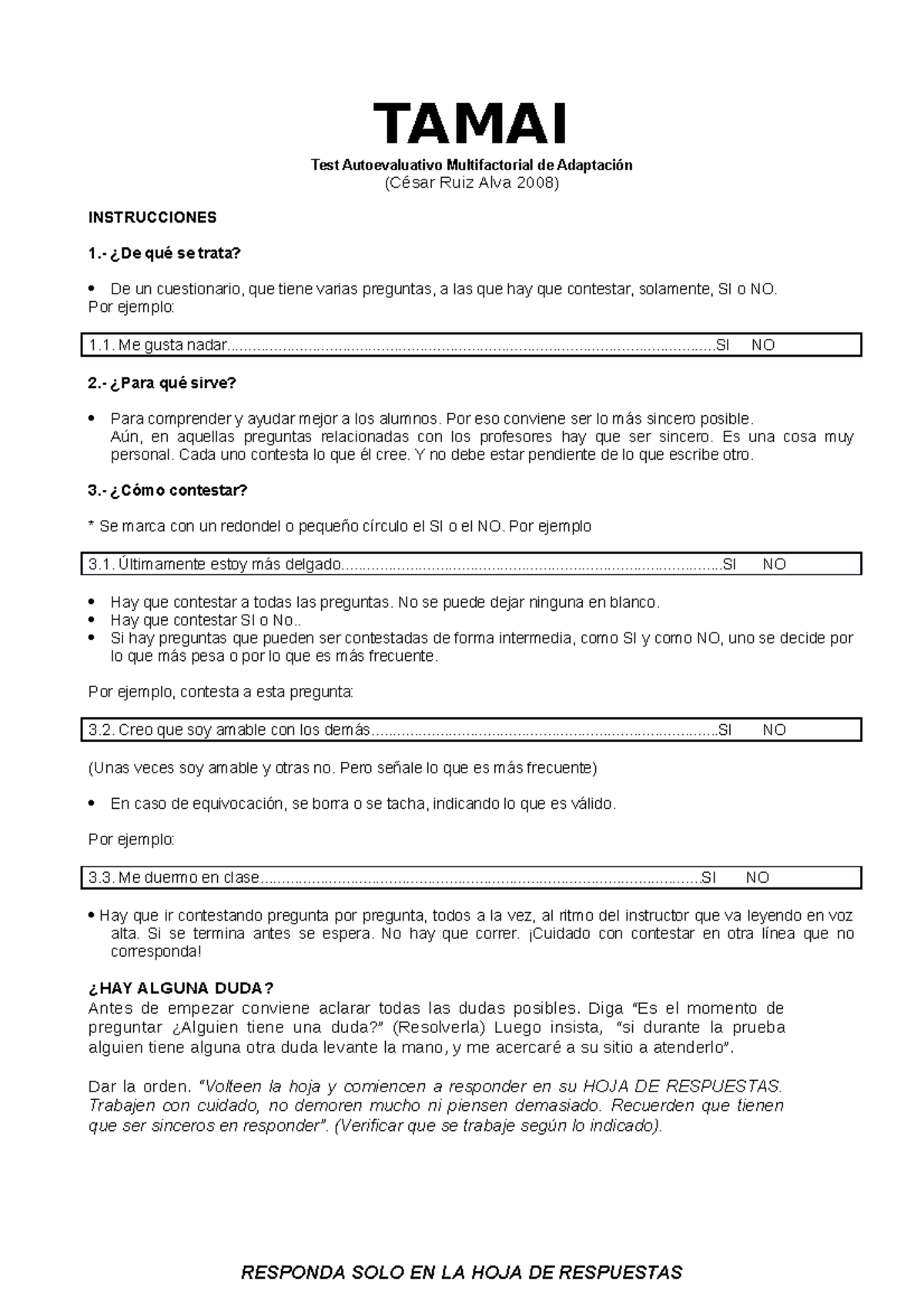 Cuadernillo de Test Autoevaluativo Multifactorial TAMAI 2008 - Studocu
