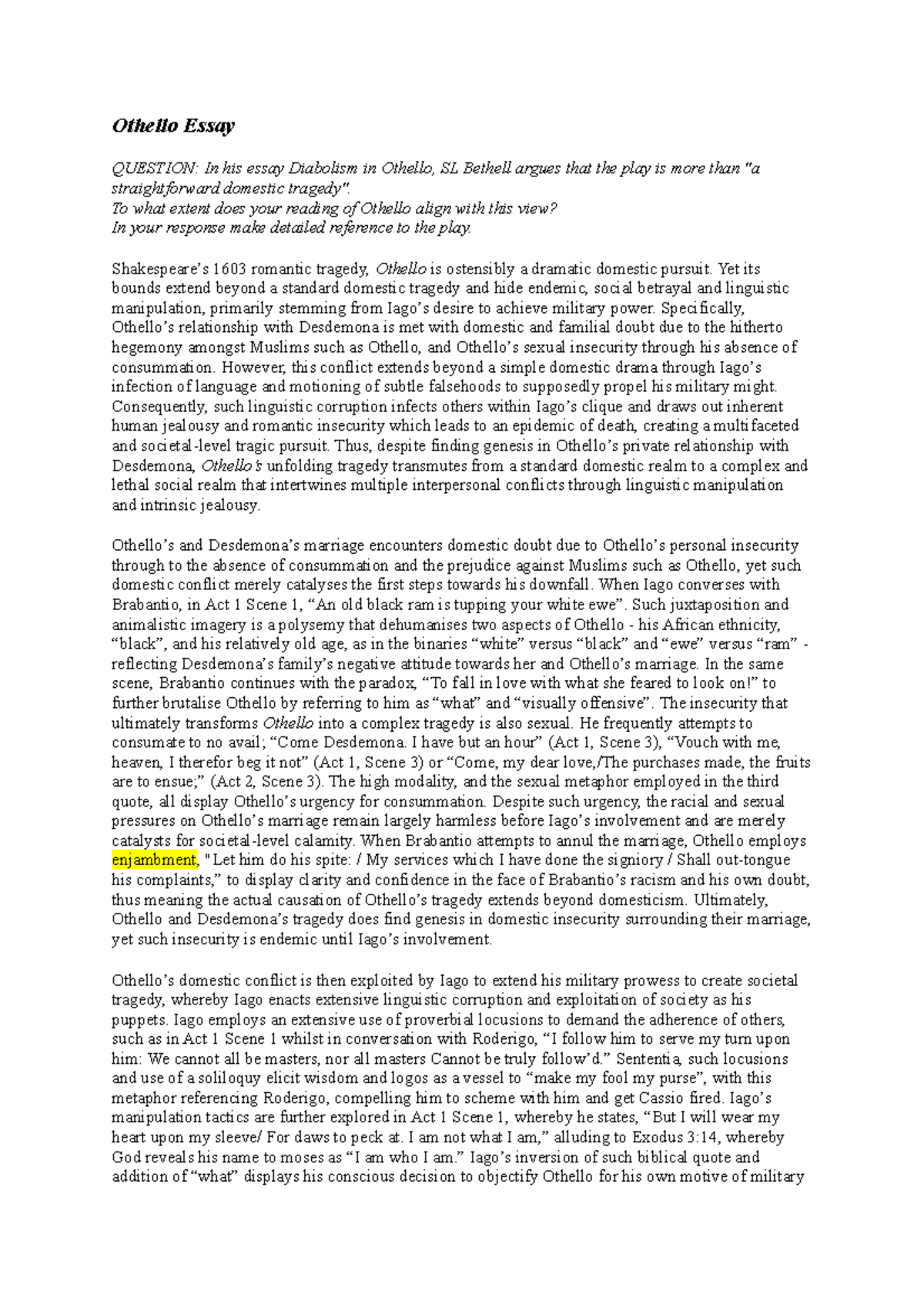 EC Draft 2 Othello essay - Othello Essay QUESTION: In his essay ...