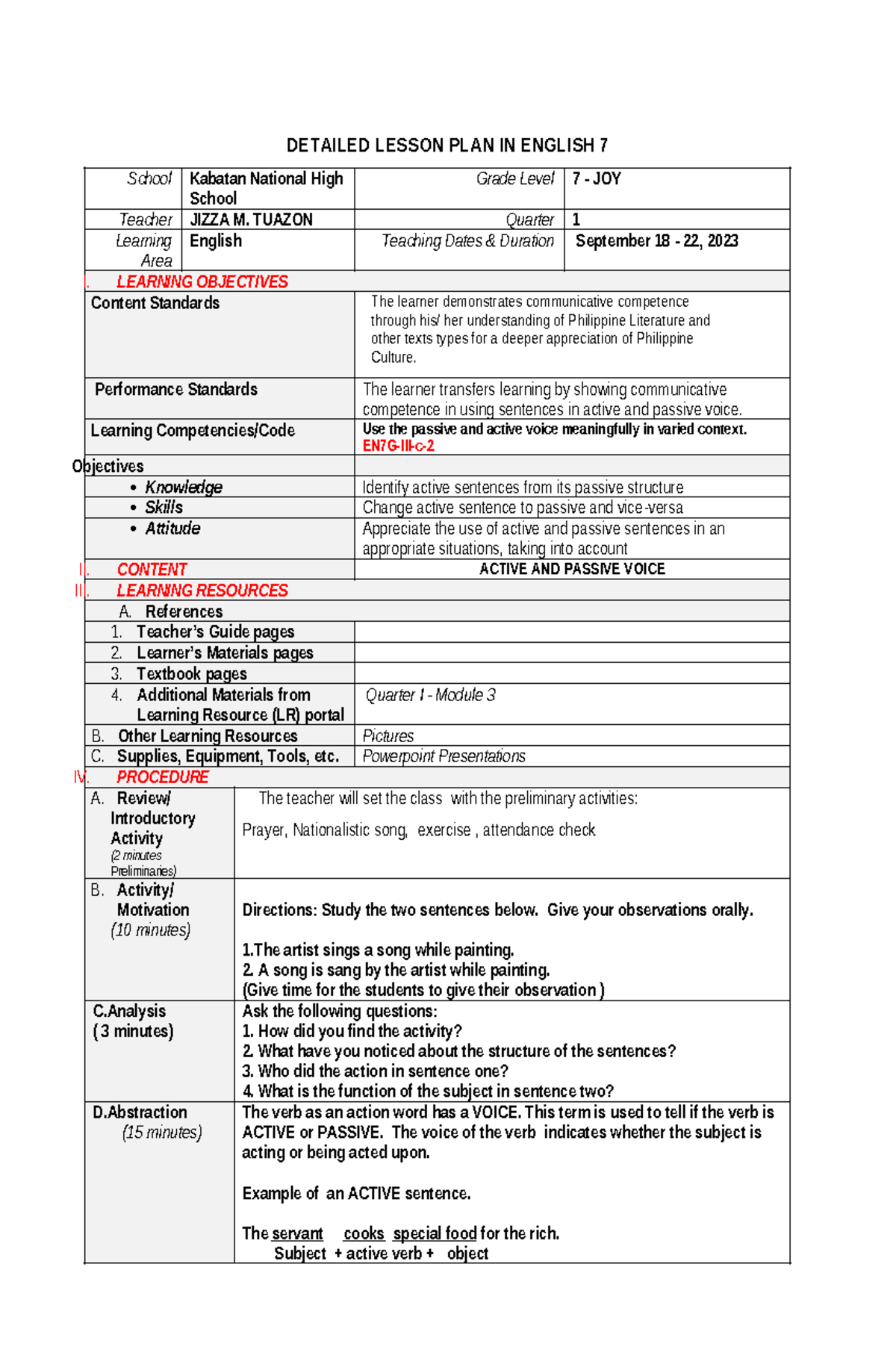 Detailed Lesson Plan: English 7 - Quarter 1, Module 3 on Active ...