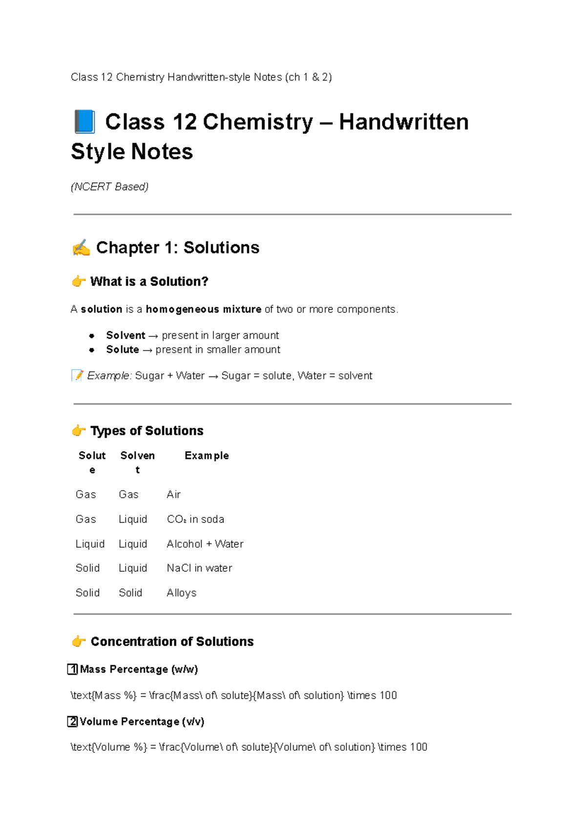 Class 12 Chemistry Notes (Ch 1 & 2) for Quick Revision - Studocu