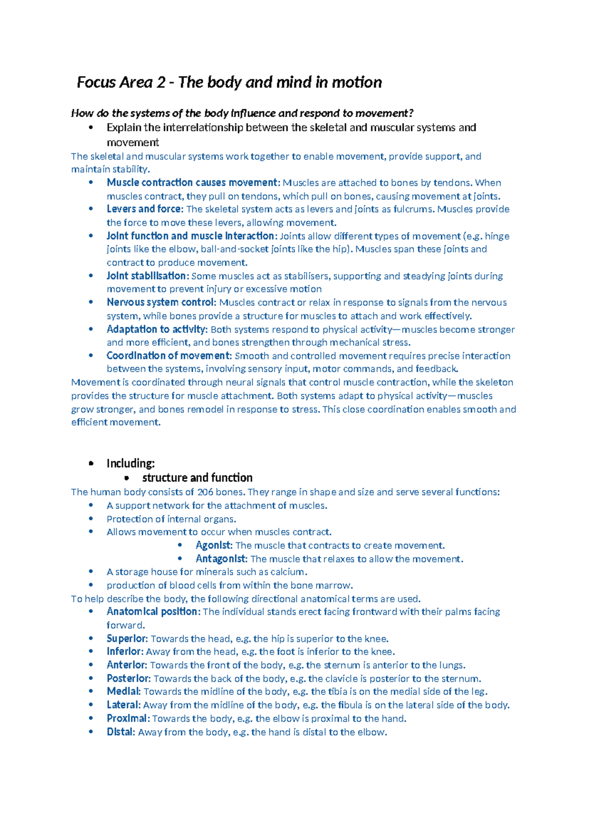 Focus Area 2 - Year 11 Prelim Notes: Body Systems & Movement Analysis ...