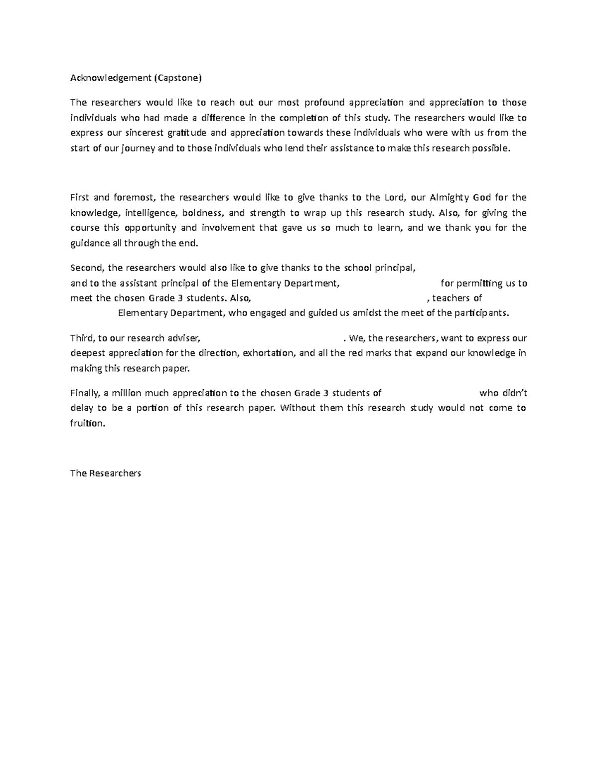 Acknowledgement Section for Capstone Research Study - Studocu