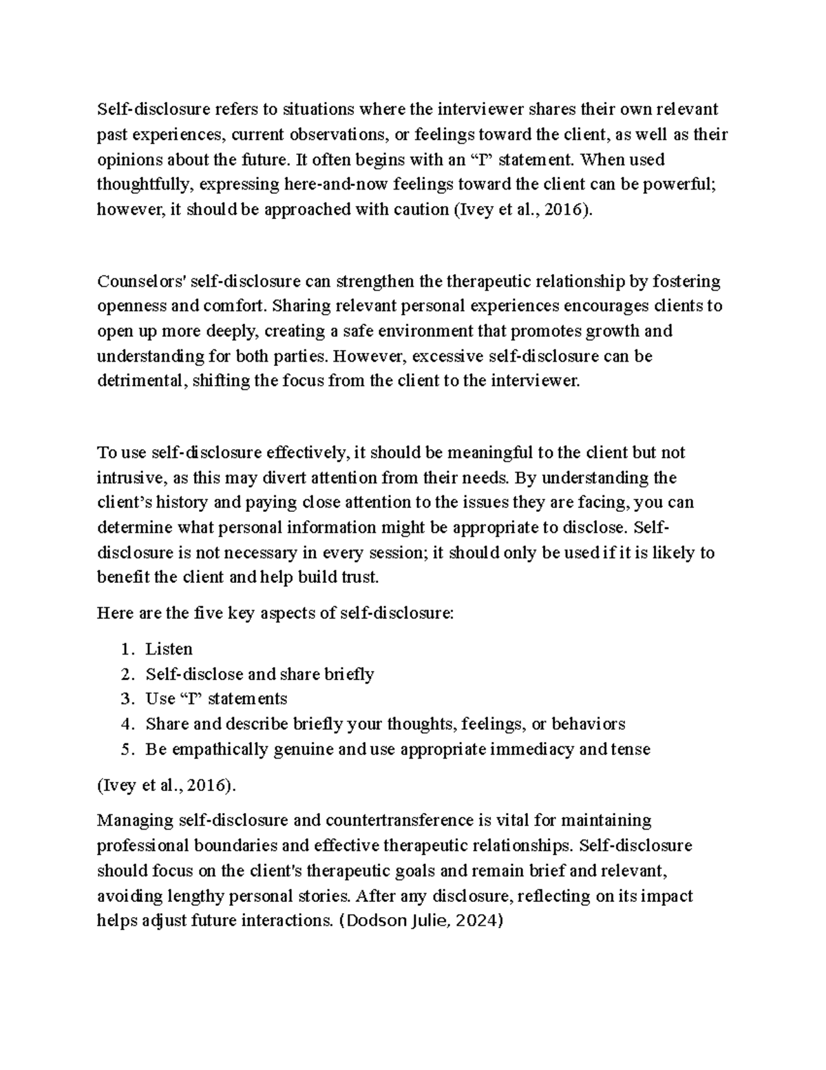 Discussion 5-1: Understanding Self-Disclosure in Counseling - Studocu