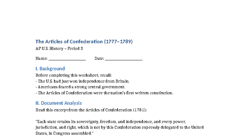 Articles of Confederation APUSH Worksheet Analysis and Insights - Studocu