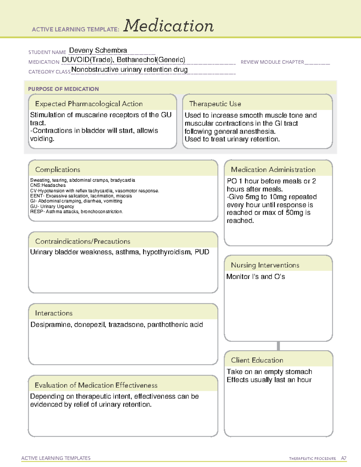 Bethanechol MEDcard - ATI Pharmacology Active Learning Template - Studocu