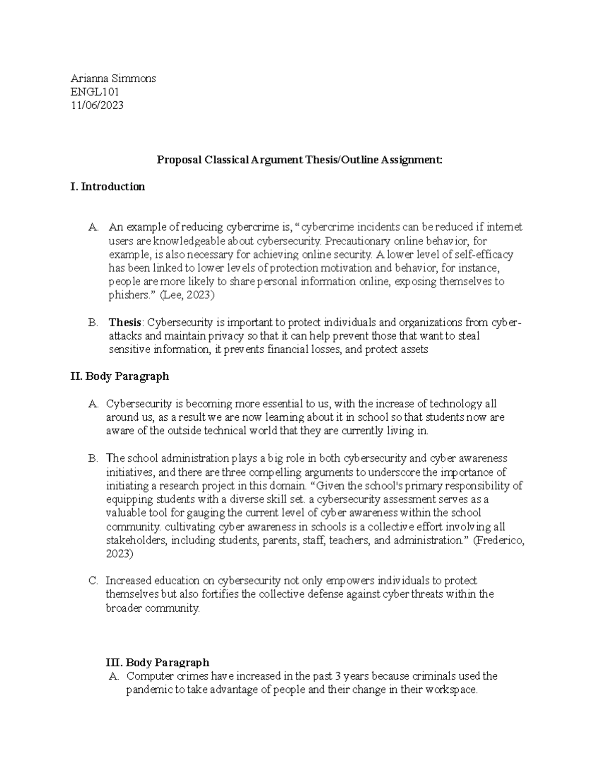 Classical Argument Thesis/Outline Assignment for ENGL Course - Studocu