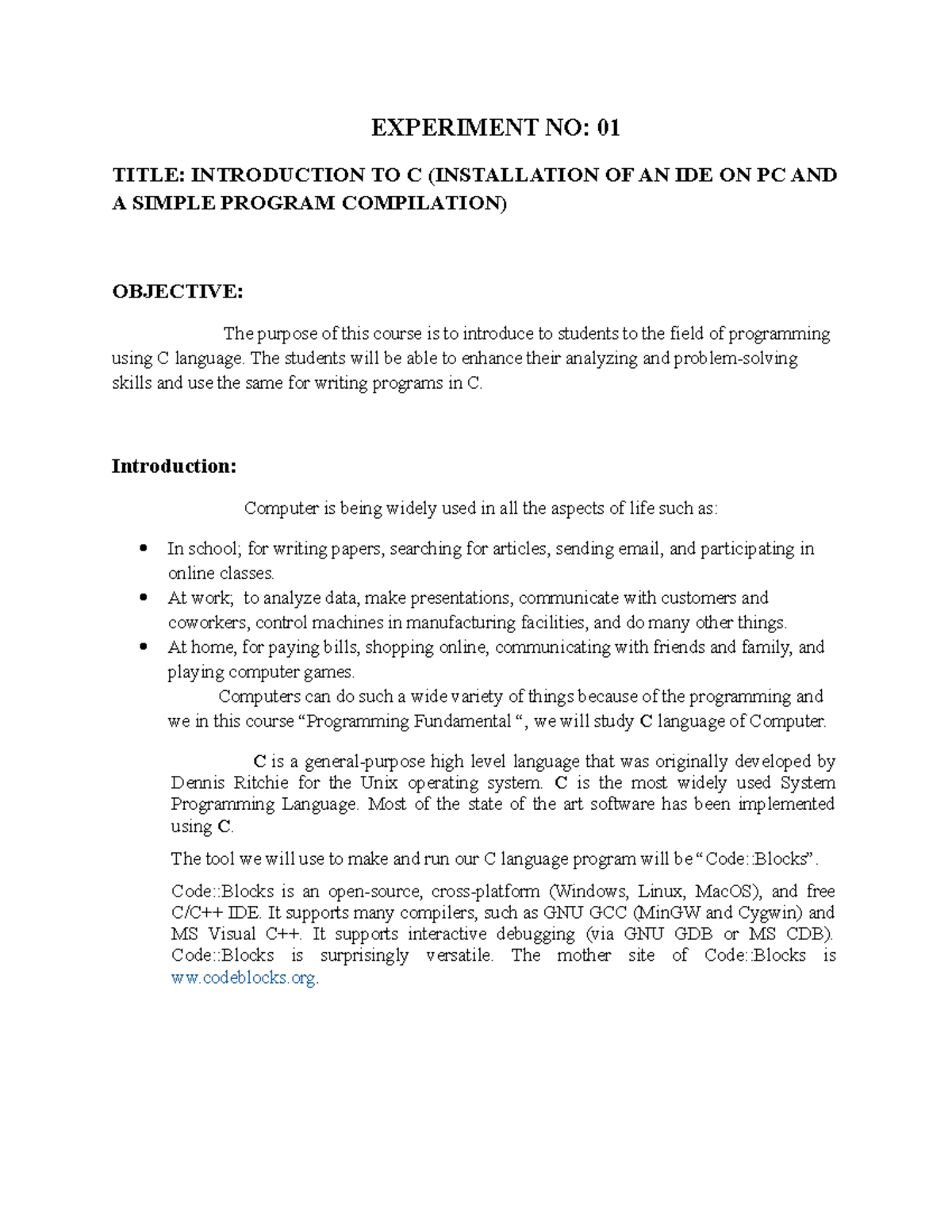 Lab Report 01 - EXPERIMENT NO: 01 TITLE: INTRODUCTION TO C ...