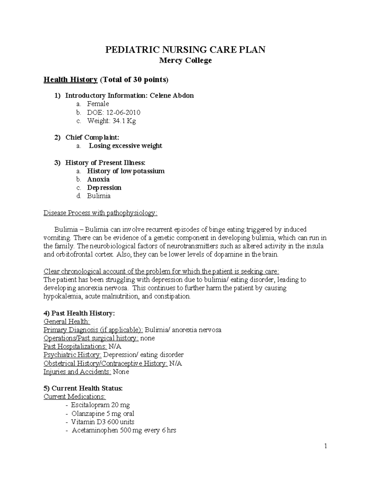 Pediatric Nursing Care Plan: Bulimia & Anorexia Nervosa (30 pts) - Studocu