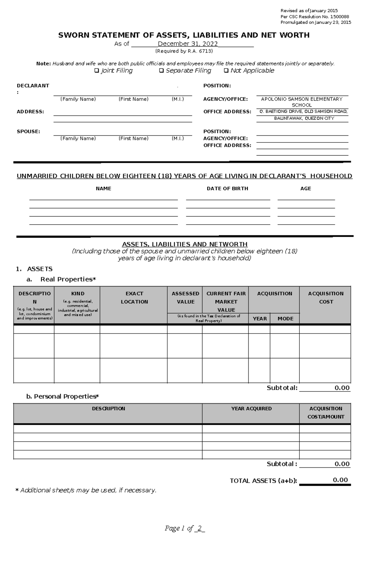 SALN Form - Sworn Statement of Assets, Liabilities & Net Worth - Studocu