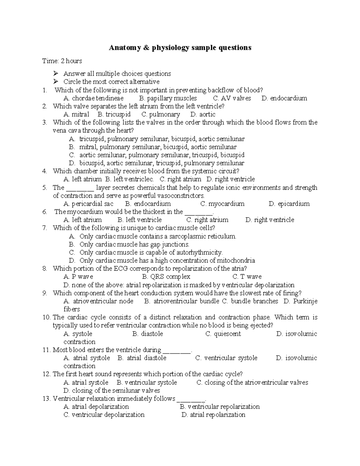 Anatomy & Physiology 1 Sample Questions for Review - Studocu