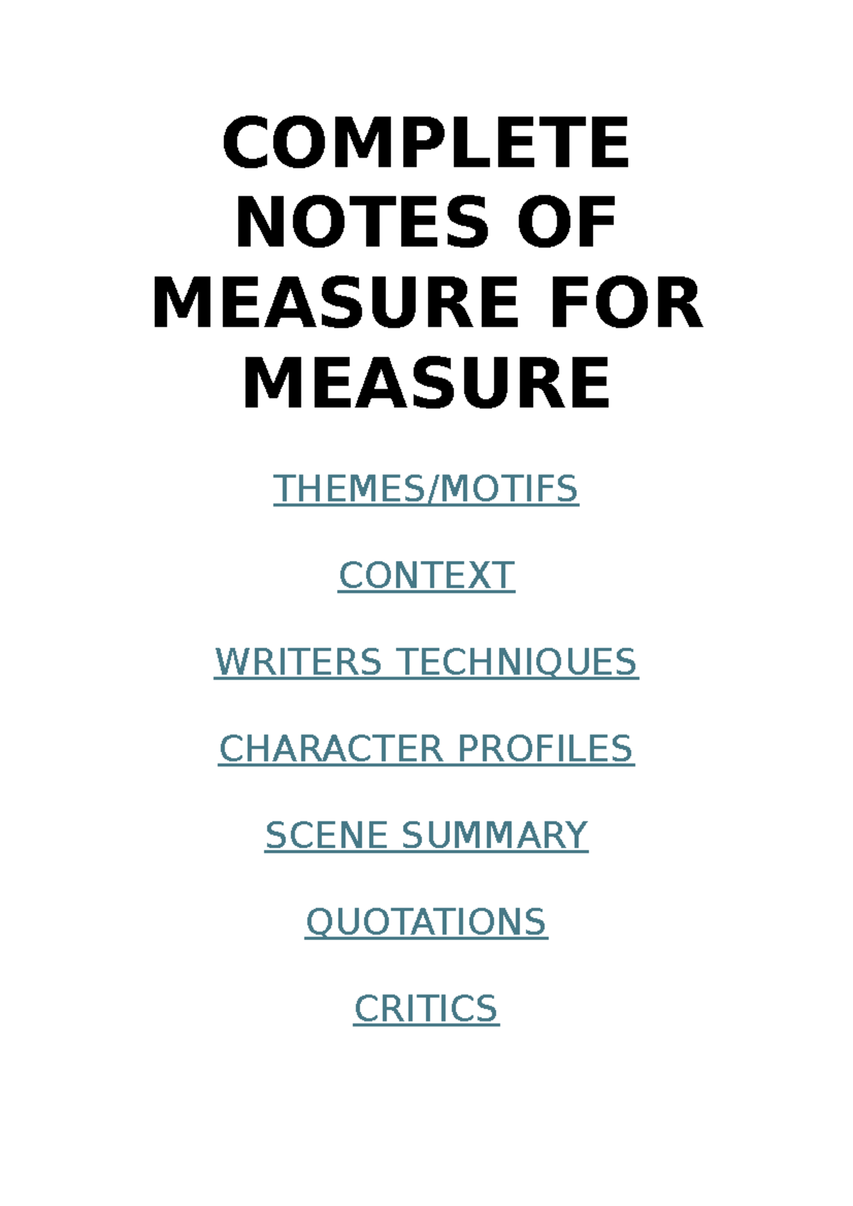 Complete Study Notes on Measure for Measure: Context, Characters, and ...