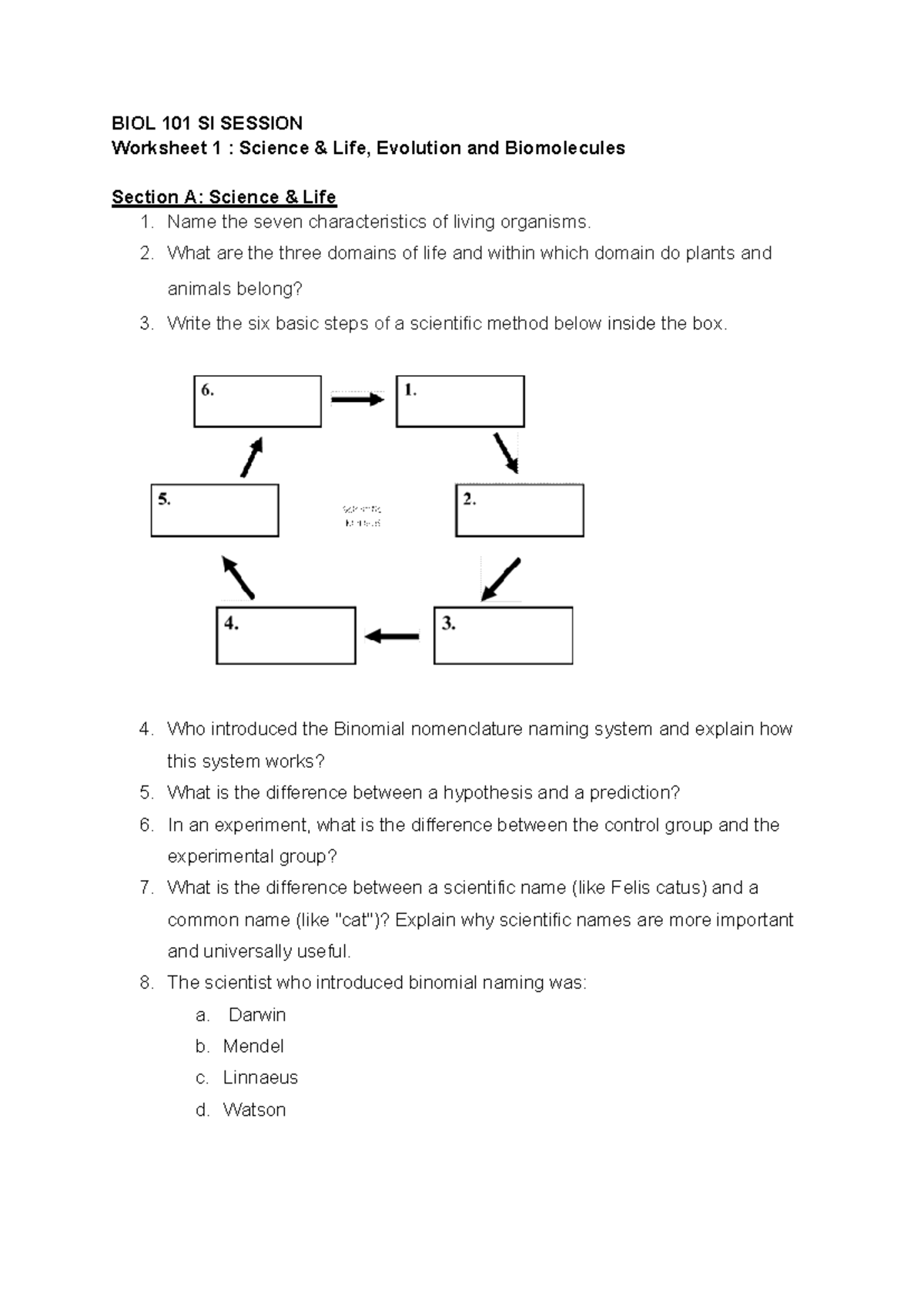 BIOL 101 SI Session Worksheet 1: Life, Evolution & Biomolecules - Studocu