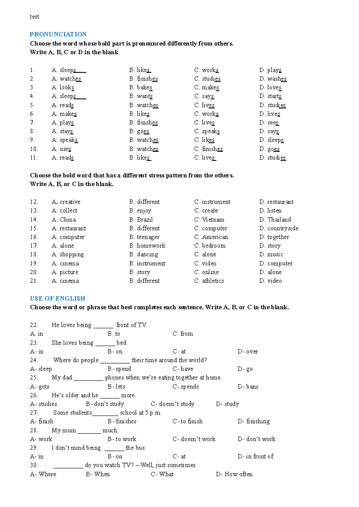 Friends PLUS 7 - Pronunciation and Stress Patterns Quiz - Studocu