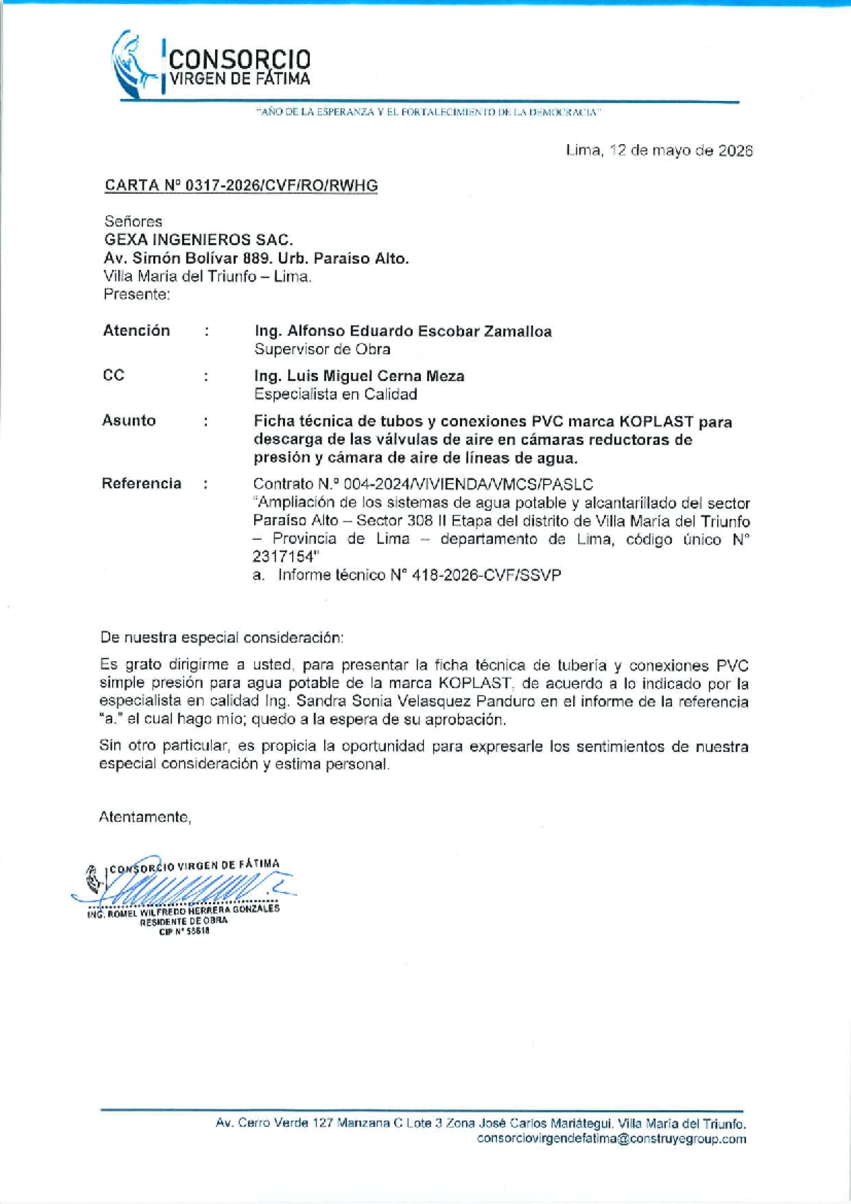 Carta Nº 0317-2026-CVF-RO-RWHG: Ficha Técnica de Materiales para ...