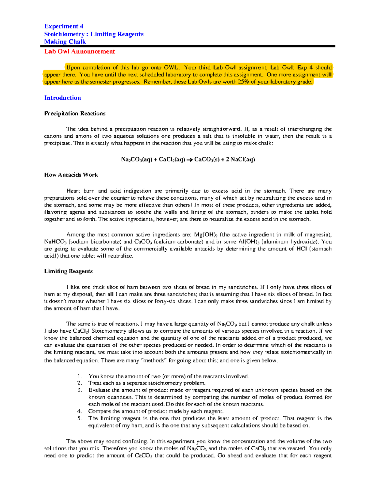 Experiment 4: Stoichiometry of Limiting Reagents in Chalk Lab - Studocu