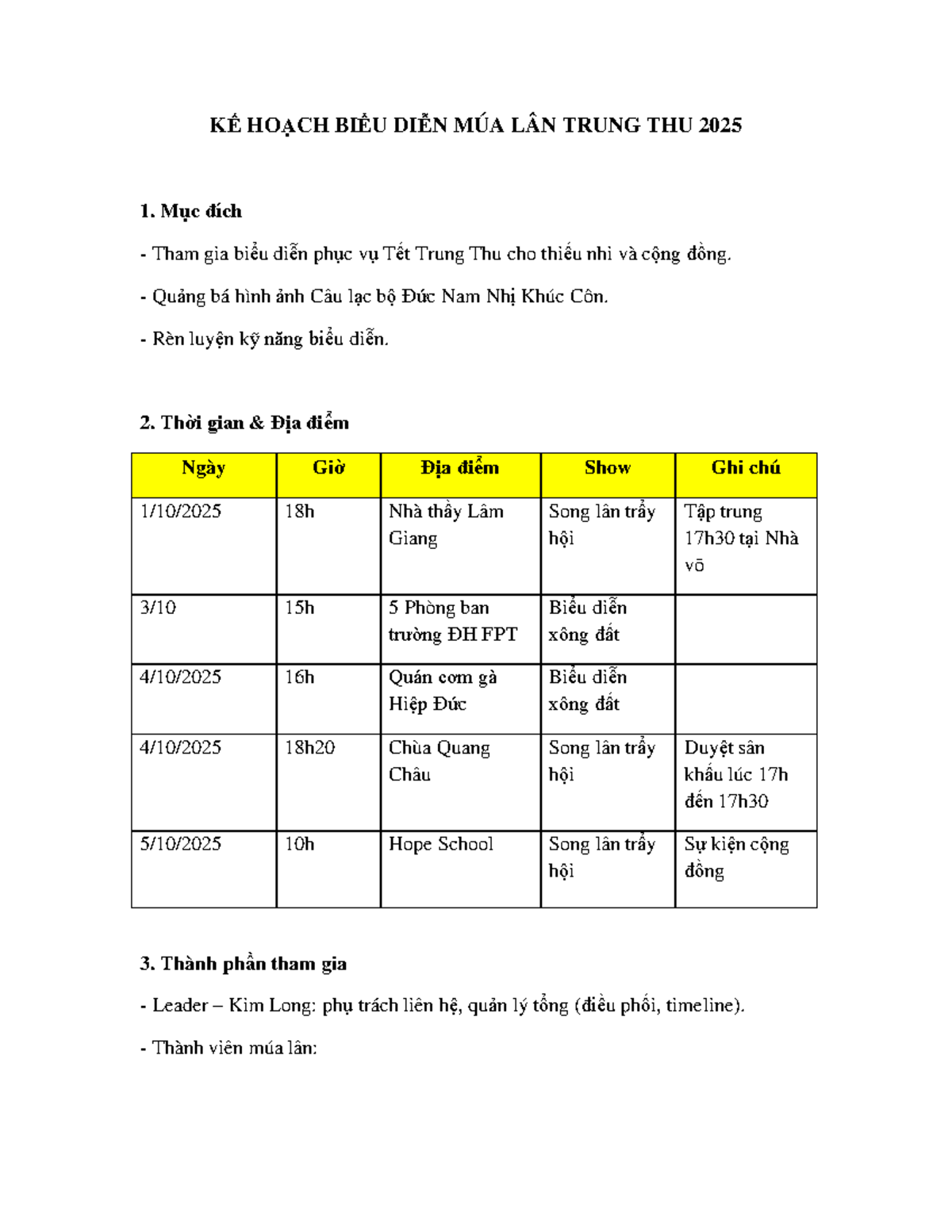 Kế Hoạch Biểu Diễn Múa Lân Trung Thu 2025 - CLB Đức Nam - Studocu