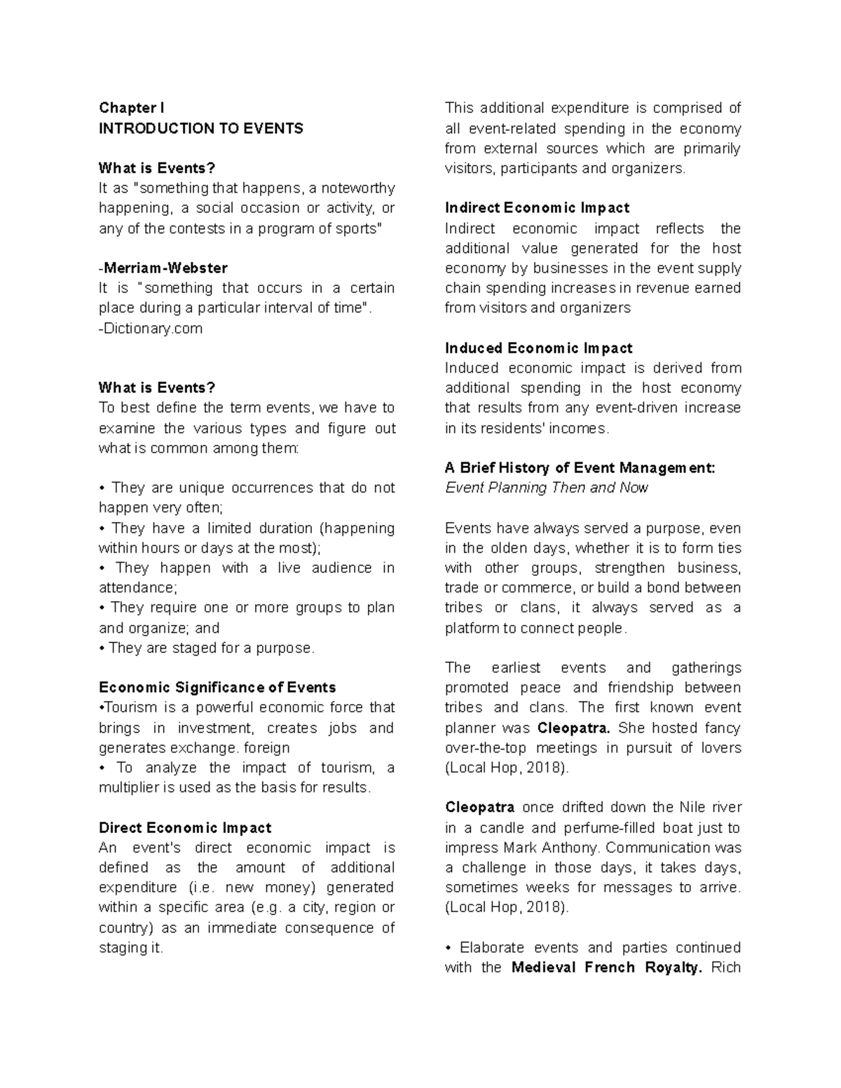 EVENT 101: Introduction to Events and Their Economic Significance - Studocu