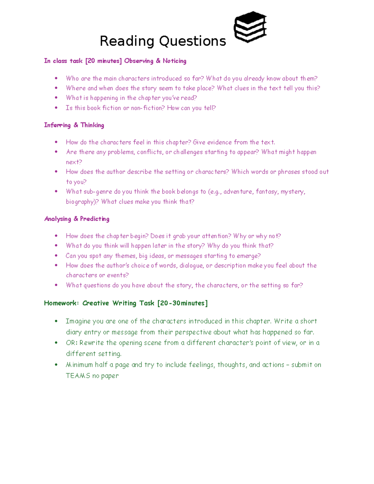Reading Questions for Class Task: Character & Setting Analysis - Studocu