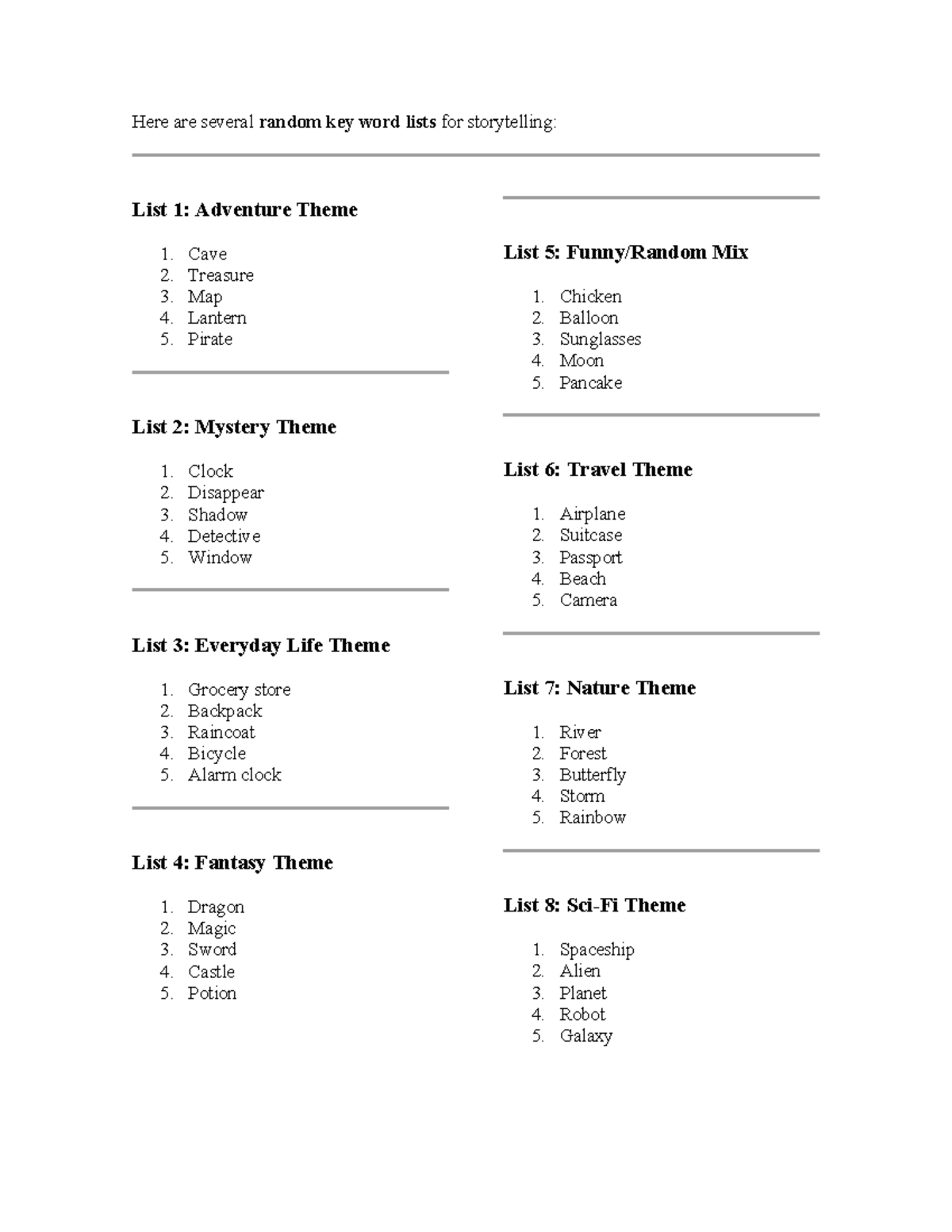 Creative Keyword Lists for Storytelling Themes - Studocu