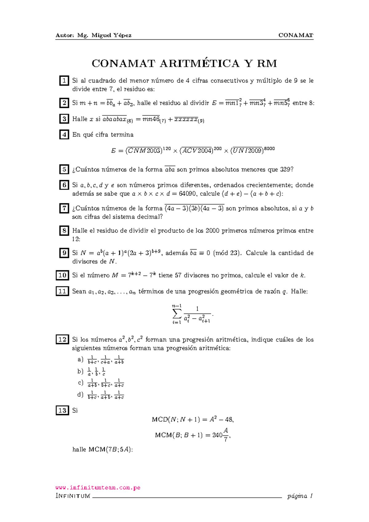 Conamat Aritmética: Ejercicios y Problemas RM 1 - Studocu