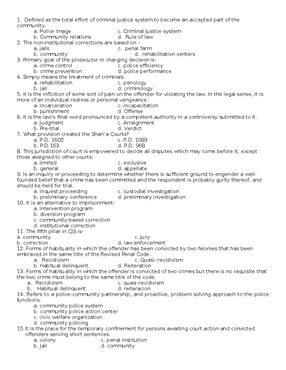 Long Quiz CJS: Key Concepts in Criminal Justice System - Studocu