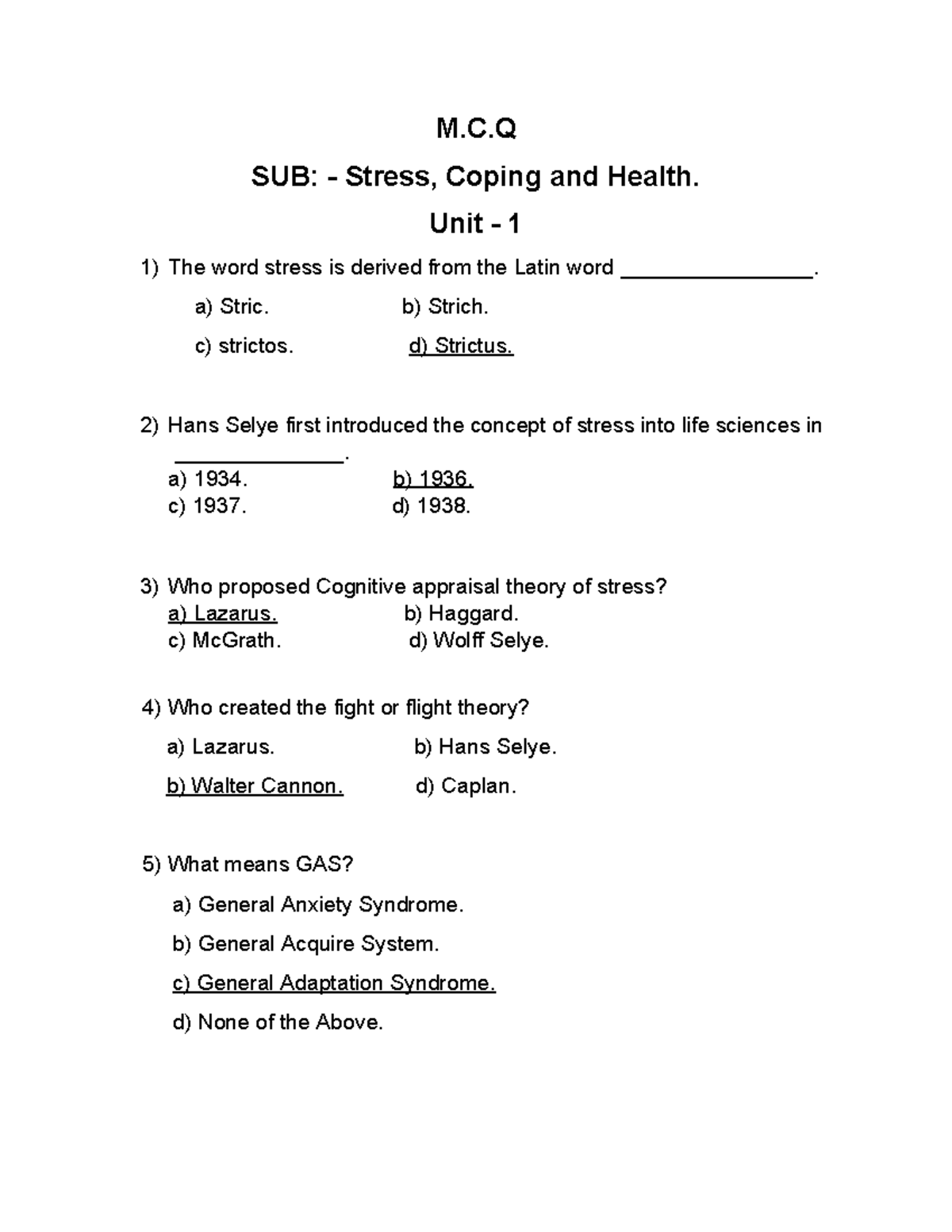 M.C.Q. on Stress, Coping, and Health - Unit 1 to Unit 4 - Studocu
