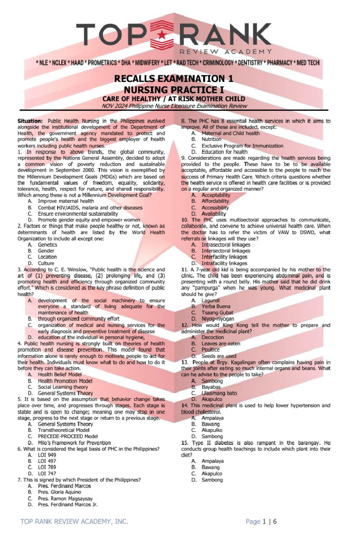 TOP RANK REVIEW ACADEMY NURSING PRACTICE RECALLS EXAMINATION 1 NOV 2024 ...