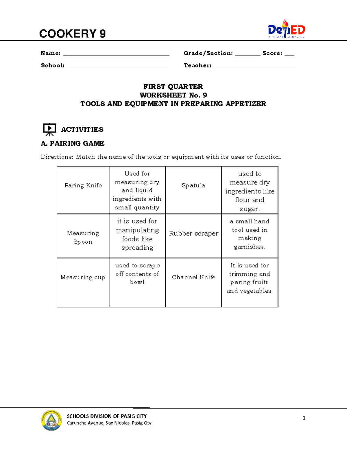 TLE Cookery 9 - Q1 Worksheet 9: Tools for Appetizers Activities - Studocu