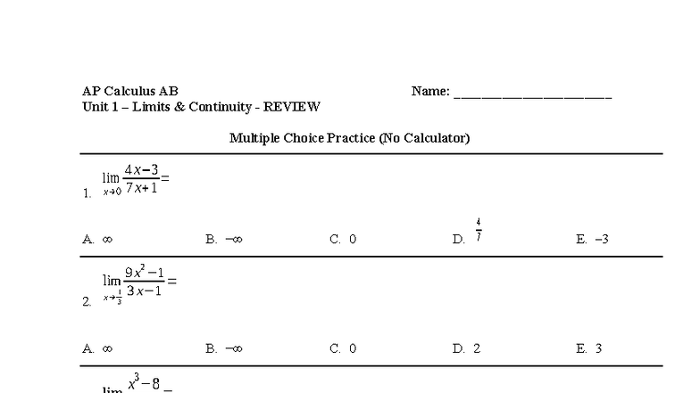 AP Calculus AB Unit 1 Limits & Continuity Review Practice - Studocu