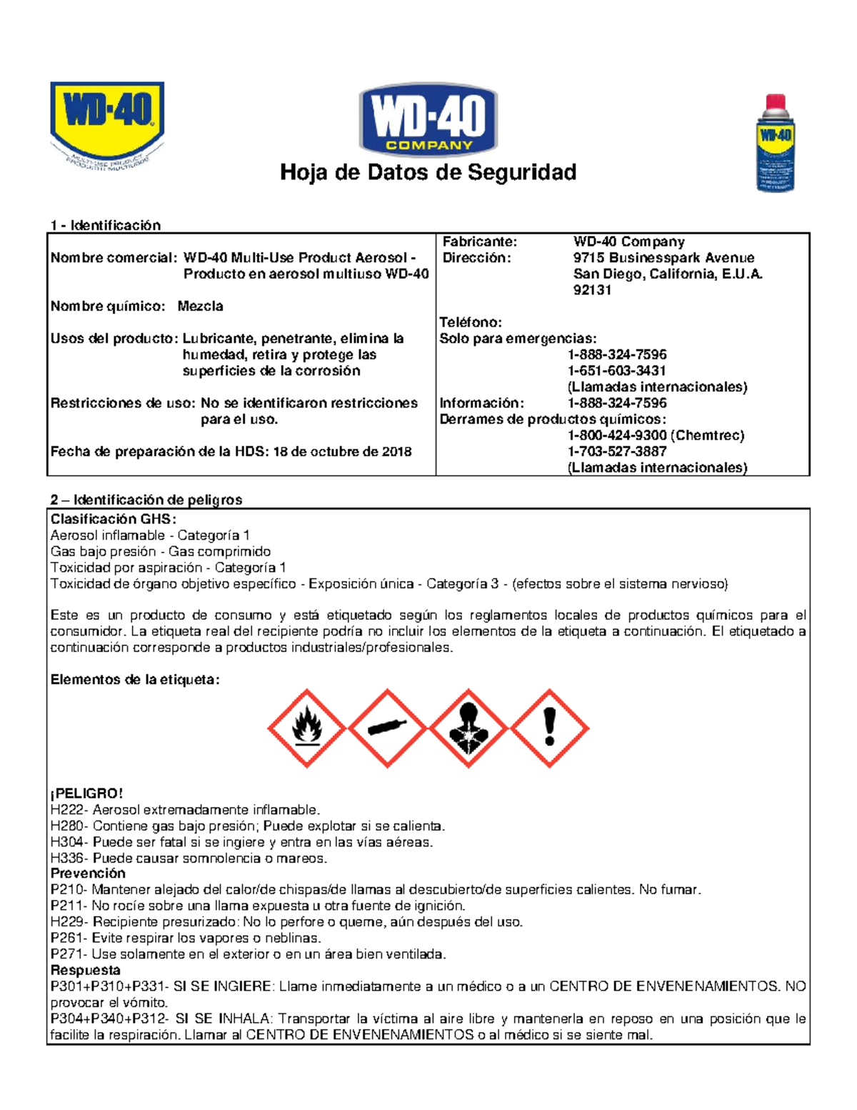 Hoja de Datos de Seguridad (HDS) del Producto WD-40 - Aerosol Multiuso ...